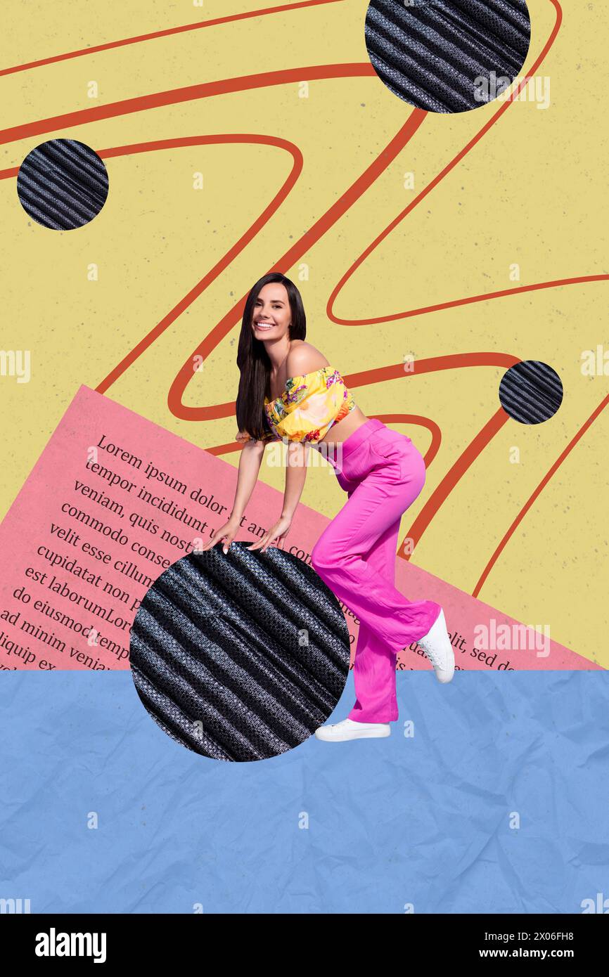 Vertical creative picture collage young happy cheerful woman circle ...