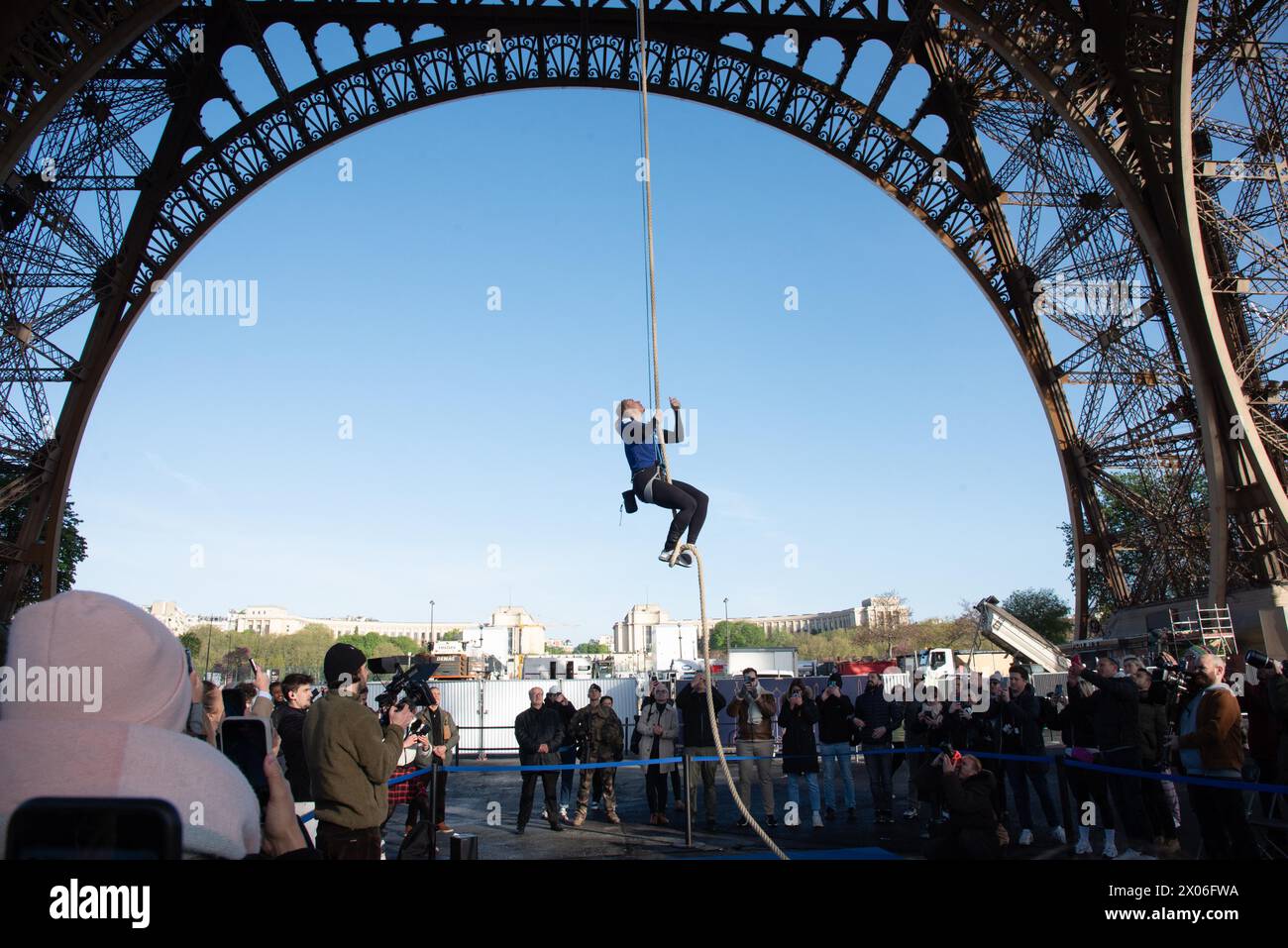 Paris, France. 10th Apr, 2024. Anouk Garnier breaks the world record for climbing the Eiffel ...