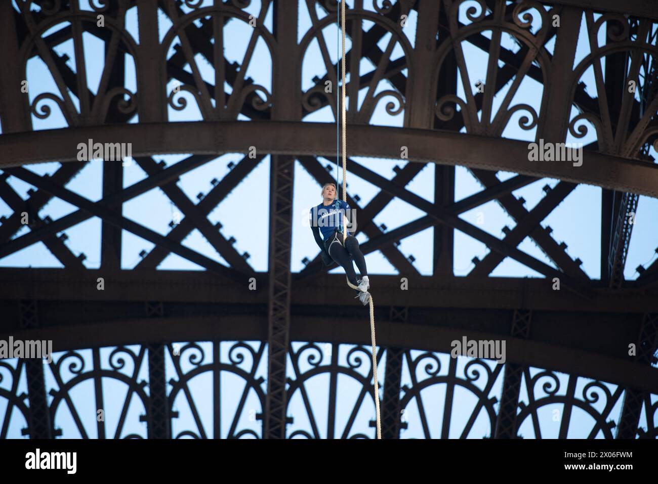 Paris, France. 10th Apr, 2024. Anouk Garnier breaks the world record for climbing the Eiffel ...
