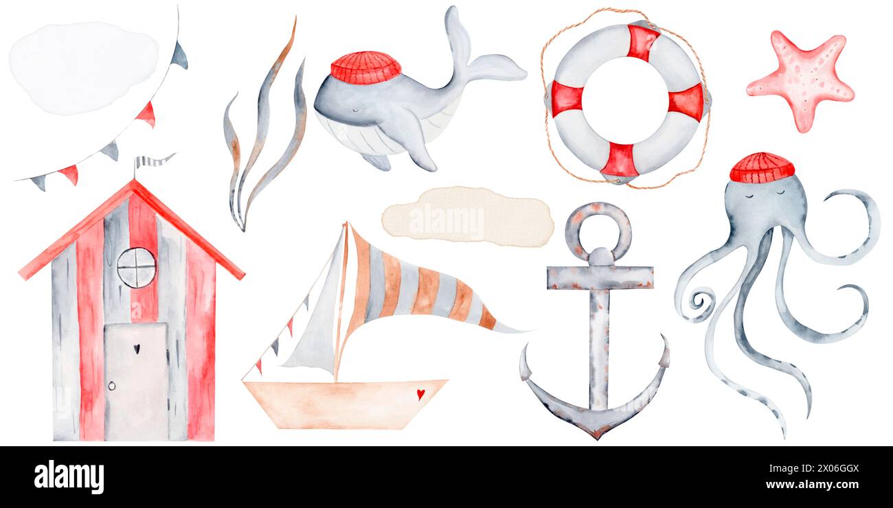 Marine cartoon watercolor set. Hand drawn drawings of nautical ...