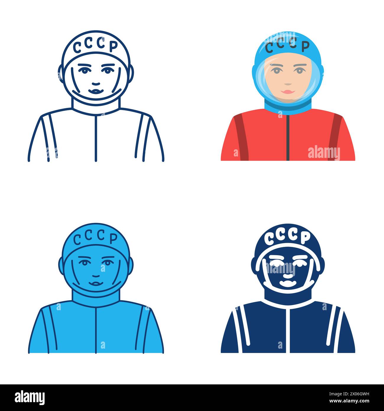 Soviet astronaut icon set in flat and line style. Cosmonaut from USSR ...