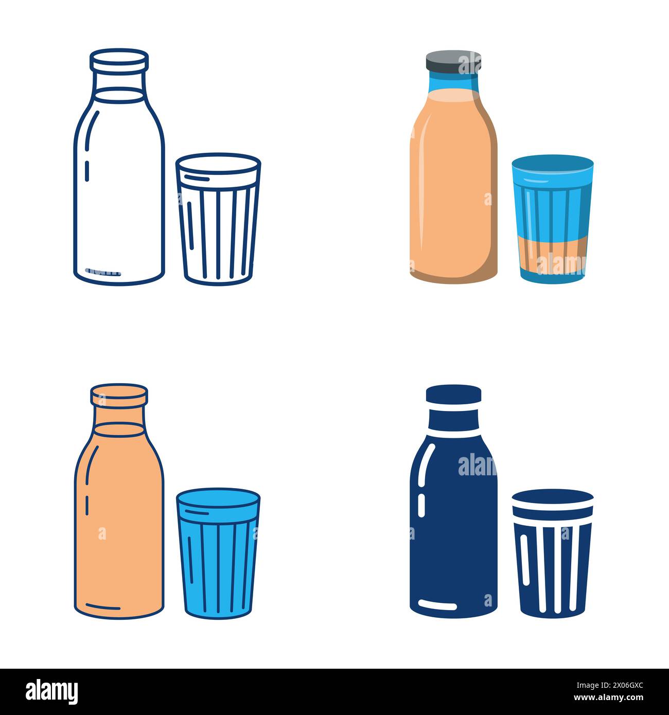Milk bottle and glass icon set. Dairy product package in soviet style ...