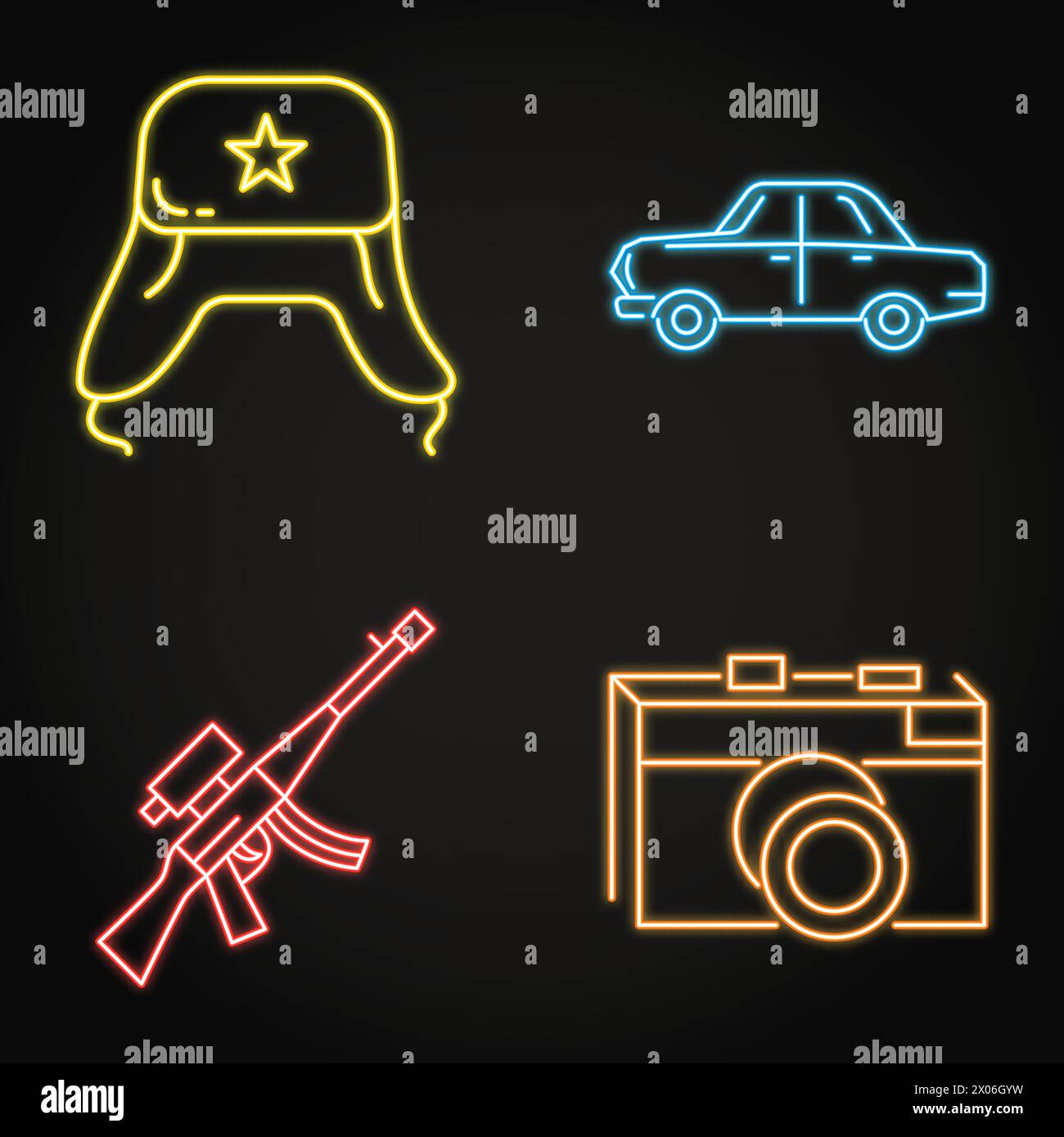 USSR symbols neon icon set. Ushanka hat, Soviet camera, Volga car and ...