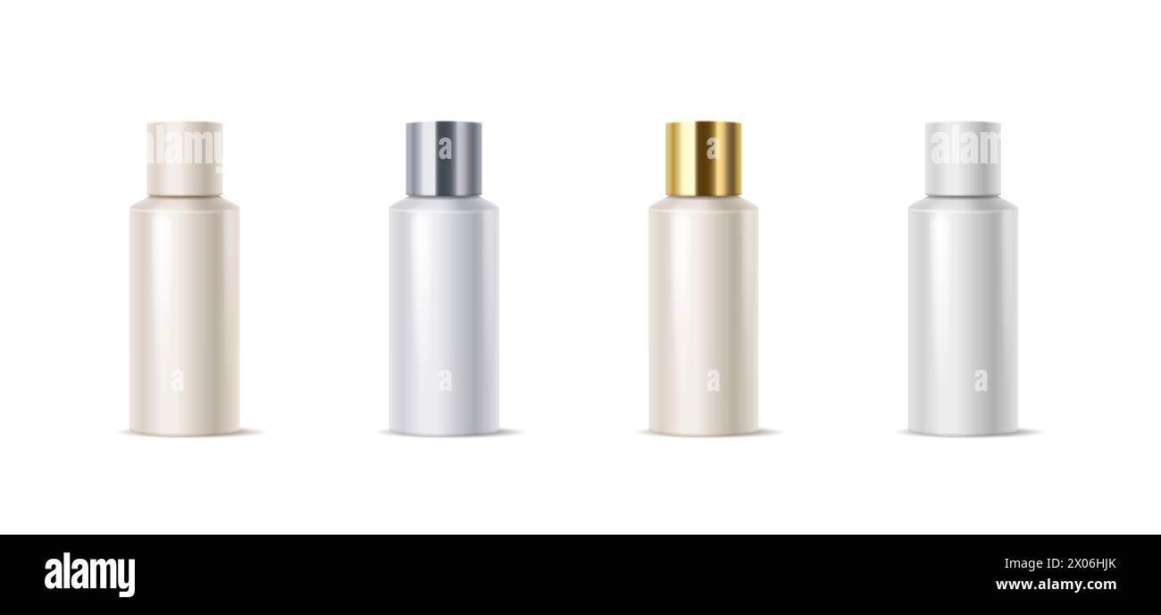 Mockup cosmetic products bottles with plastic caps realistic vector ...