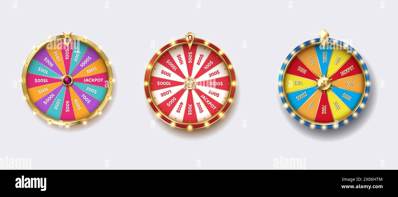 Fortune wheels colorful realistic vector illustration set. Luck win ...