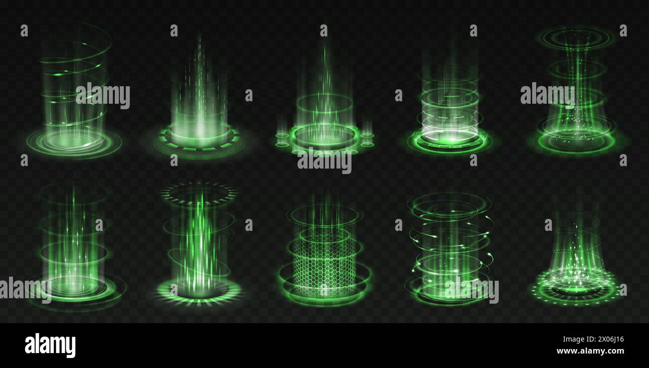 Portals with green light flashes realistic vector illustration set ...
