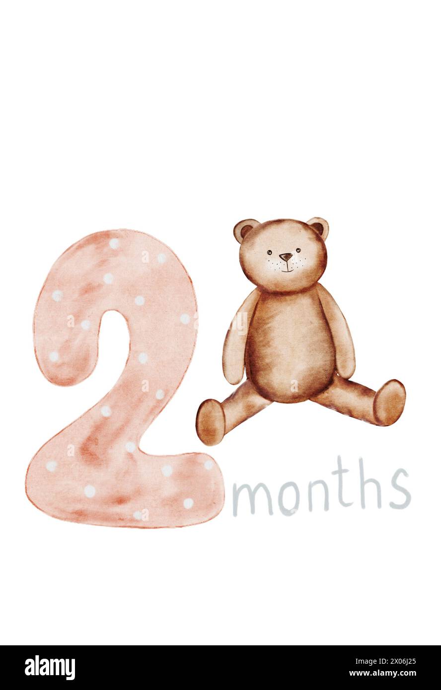 Baby watercolor anniversary card. Illustration with teddy bear and ...