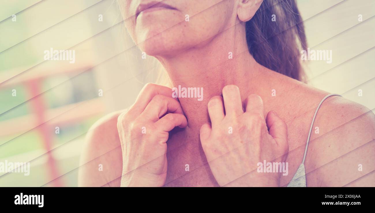 Woman having itchy and scratching her neck. allergy symptoms, geometric pattern Stock Photo - Alamy