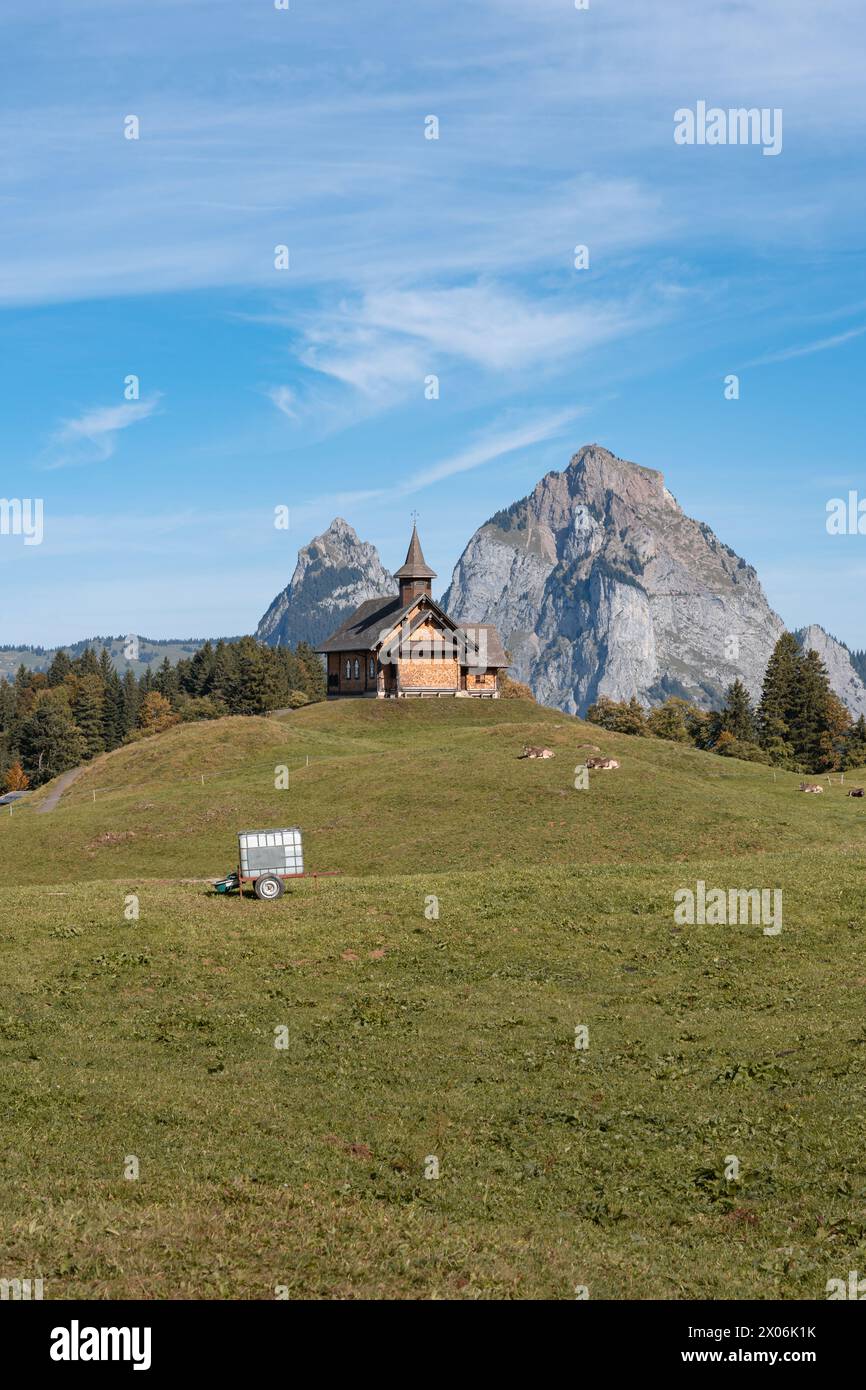 Chapel in Stoos village in Switzerland. Mountain pasture in Swiss Alps ...