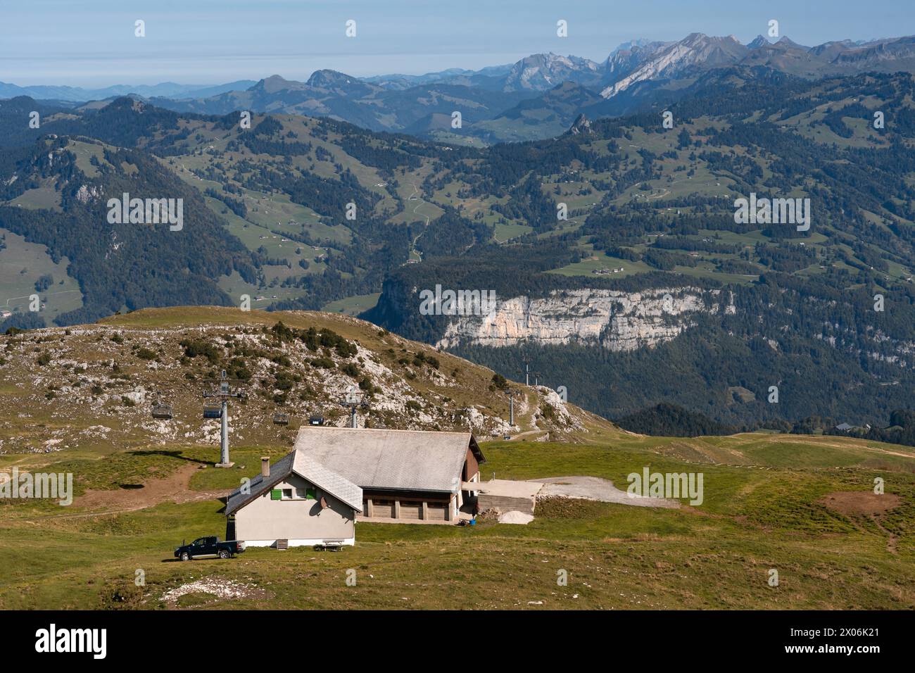 Mountain hut and cable car seen from Fronalpstock summit, Switzerland ...