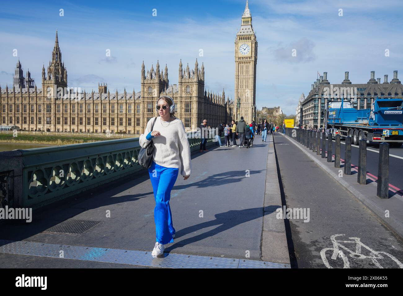 London 10 April 2024 . A pedestrian walking on a bright morning on ...