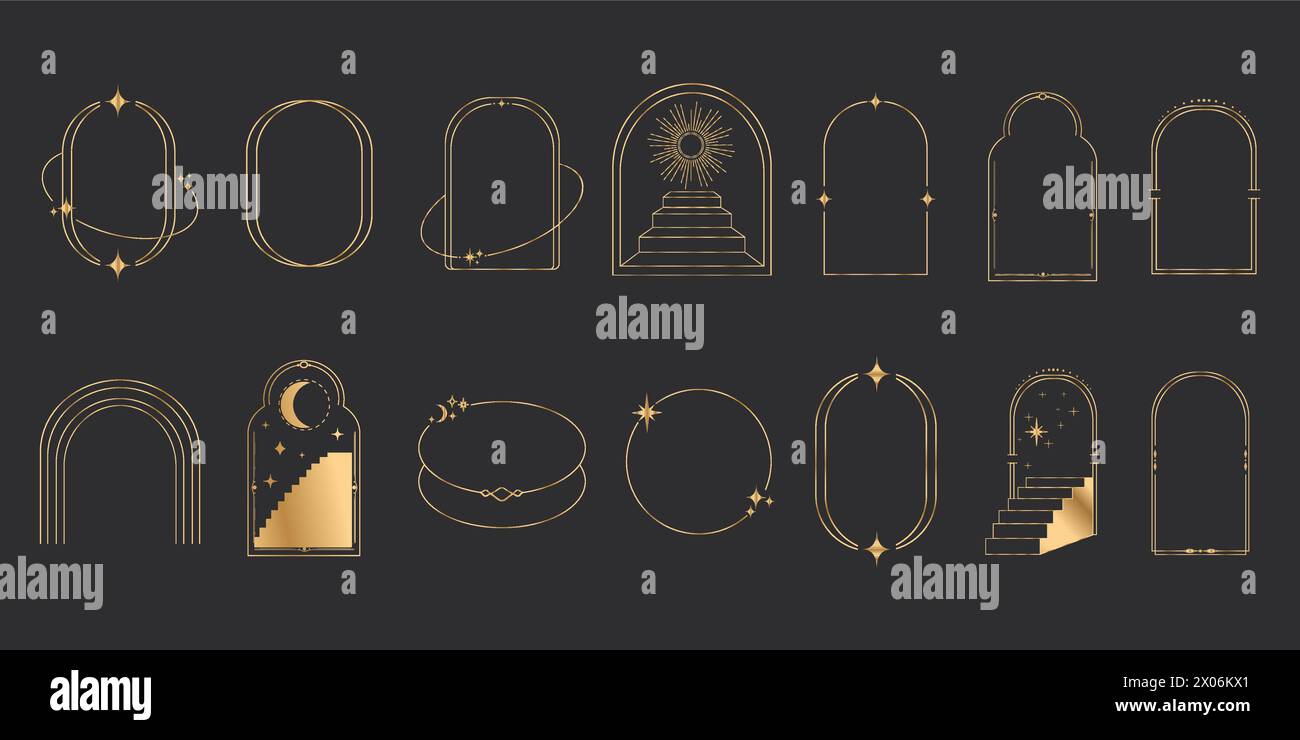 Golden thin line arch frame door stairs, sun and stars, mystic portal ...