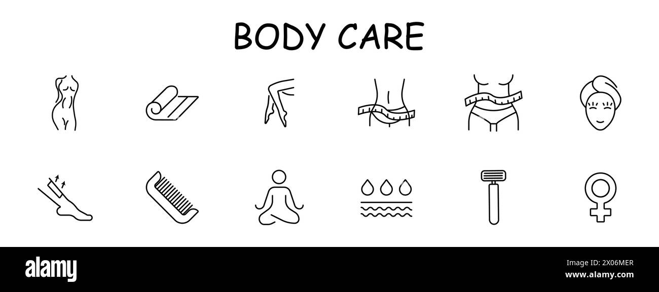 Female beauty set icon. Female legs and figure, silhouette, meditation ...