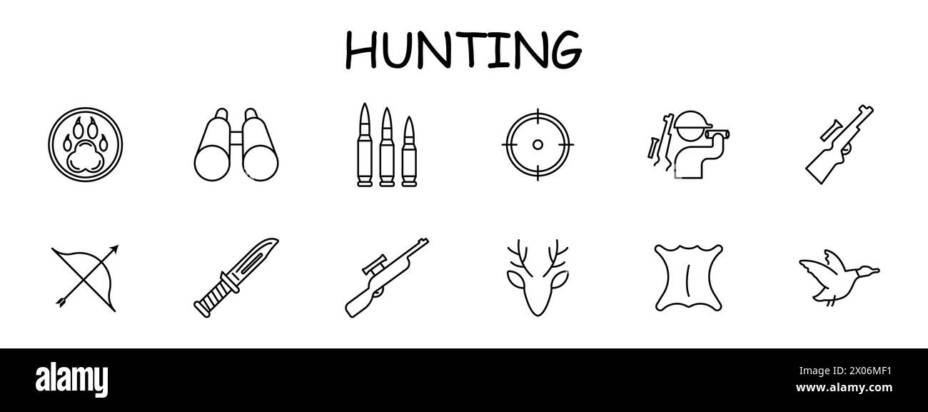 Chase set icon. Bear paw badge, rifle, bow, deer, skin, knife, bullet ...