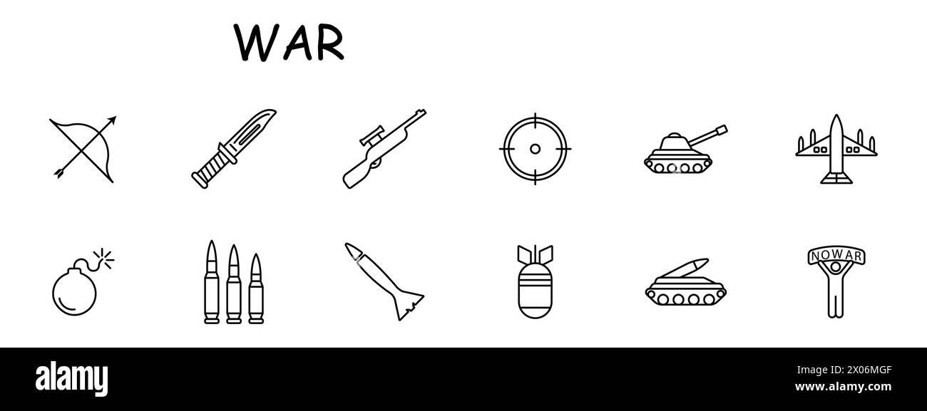Weapon set icon. Tank, man, banner, no war, artillery, plane, bomber ...