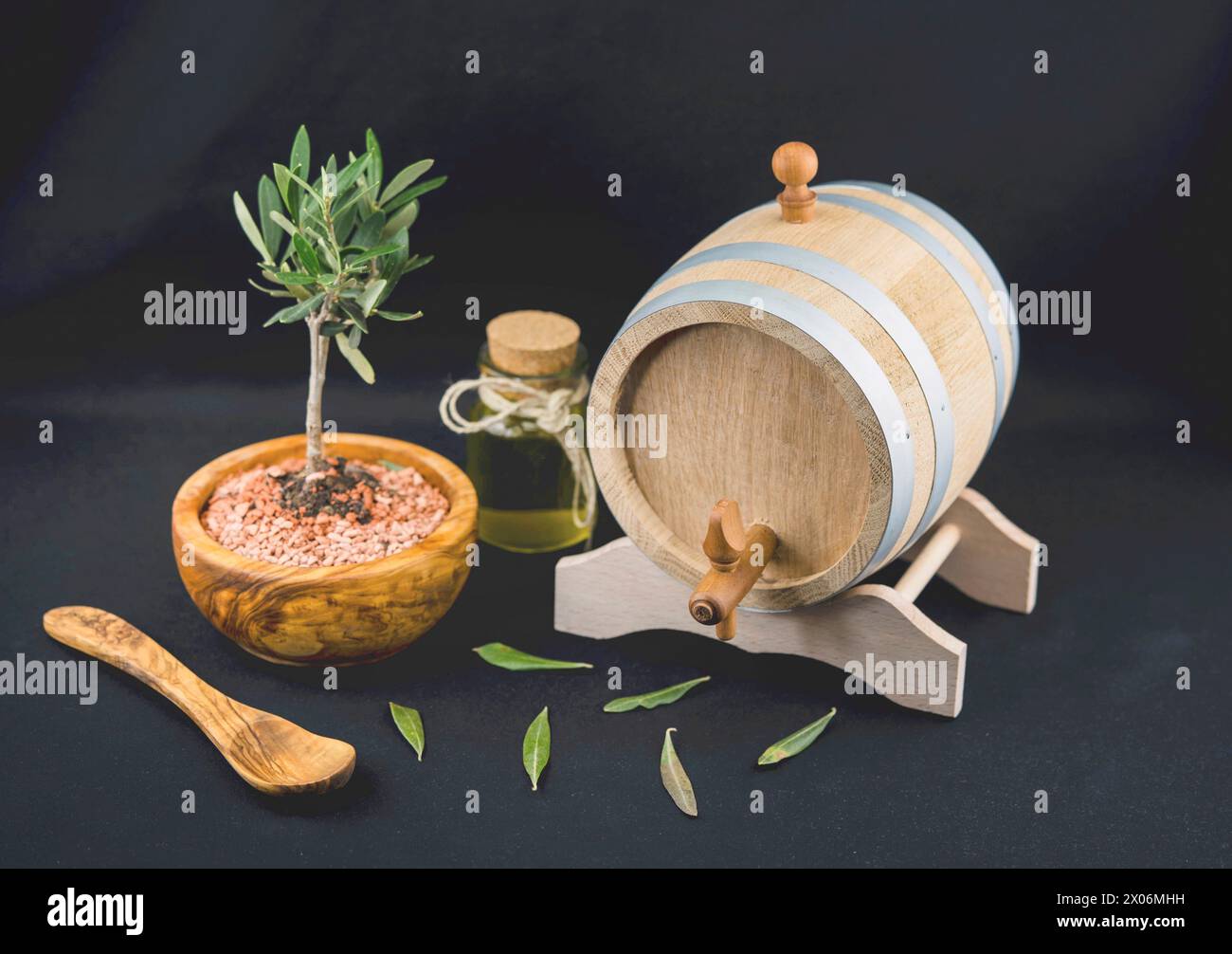 wooden spoon, young olive tree, olive oil and wooden barrel Stock Photo ...