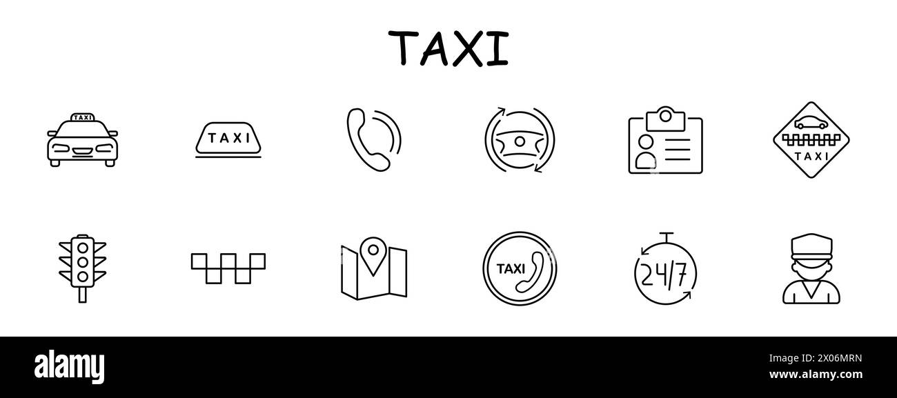 Taxi icon set. ID card, passport, data, phone, call, silhouette, driver ...