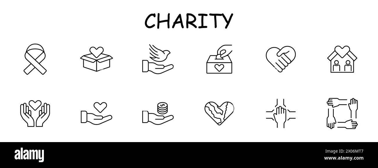 Donations icon set. Ribbon, fight cancer, hands, heart, offer, box ...