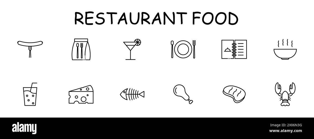Food set icon. Glass, alcohol, hot dish, steak, skeleton, fish, cheese ...