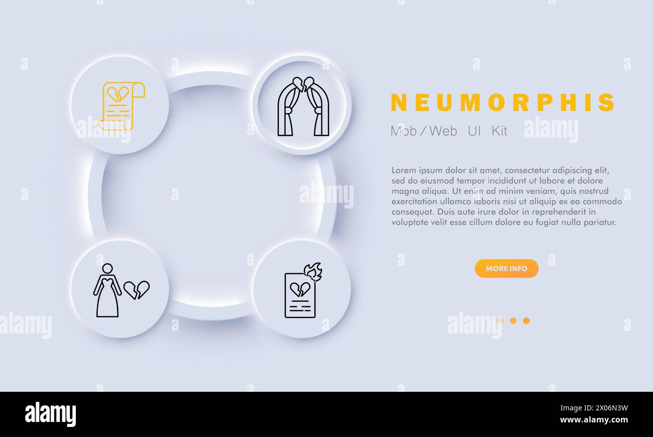 Divorce set icon. Document, broken heart, burning paper, breakup ...