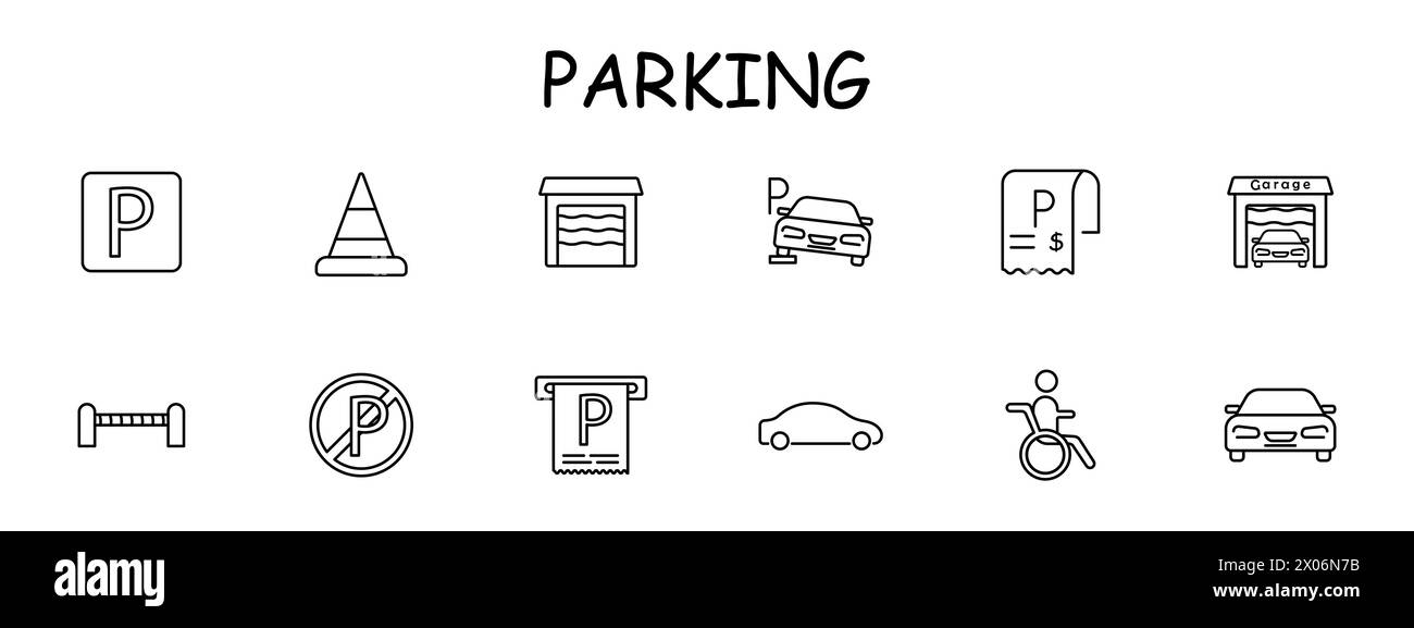 Tax, parking set icon. Garage, check, invoice, machine, car, ban, fence ...