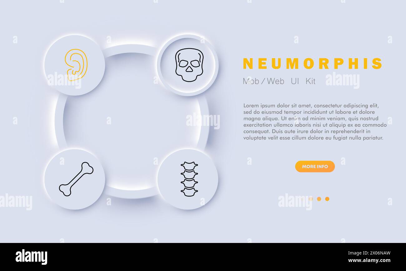Organs icon set. Ear, pinna, bone, spine, vertebrae, skull, circle ...