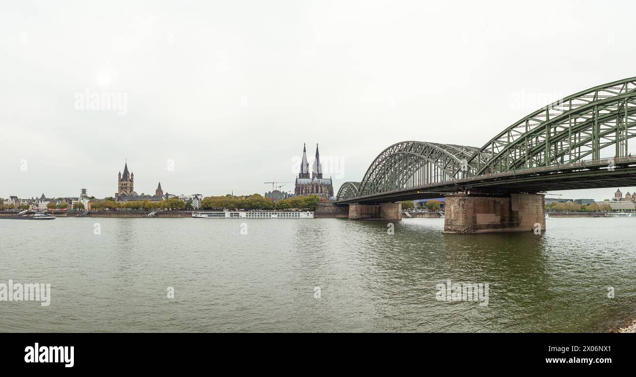 Panoramic photo of the Rhine embankment in Cologne. Hohenzollern Bridge ...
