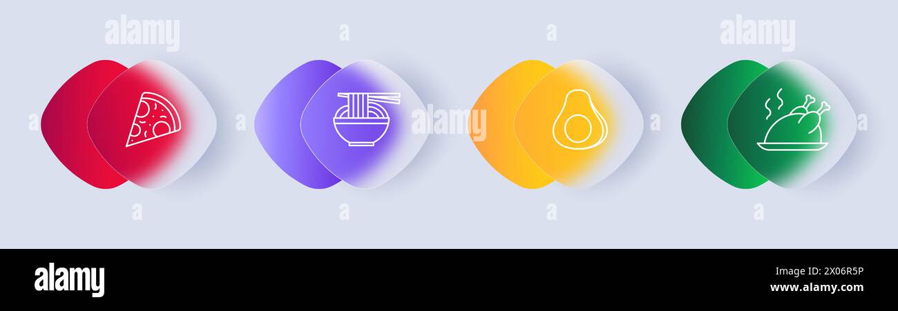 Food set icon. Pizza, ramen, noodles, egg, white, yolk, natural product ...