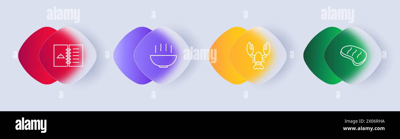 Food set icon. Recipe, notes, information, steak, medium rare, soup ...