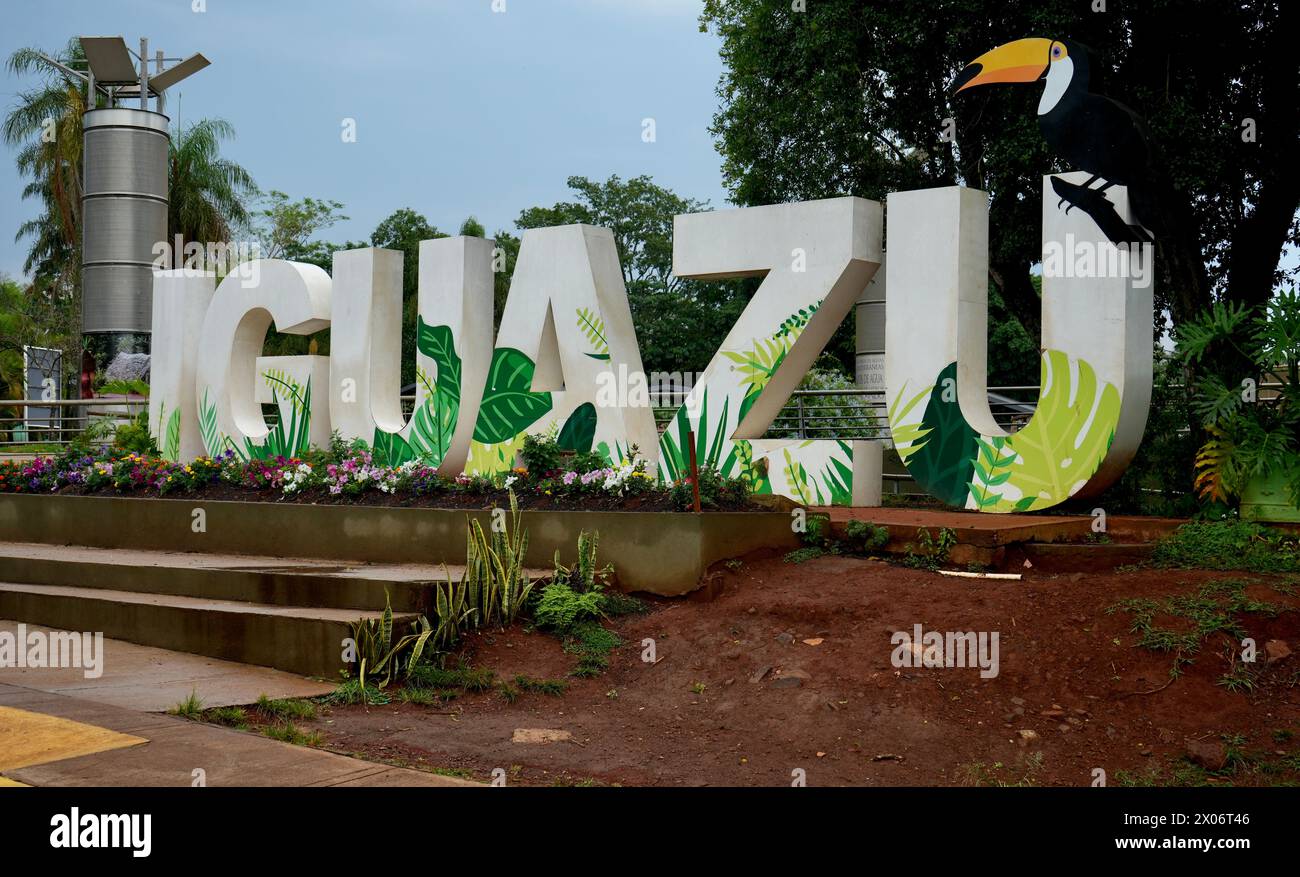 Large Iguazu sign with toucan bird sitting on it Stock Photo - Alamy