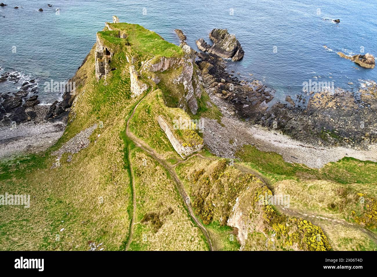 Findlater Castle Cullen Aberdeenshire beaches of rocks yellow gorse in ...