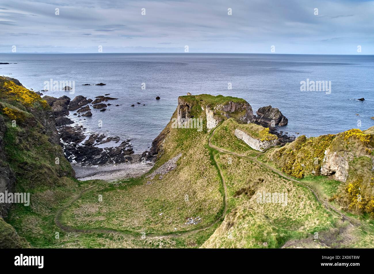 Findlater Castle Cullen Aberdeenshire in Spring yellow gorse stony ...