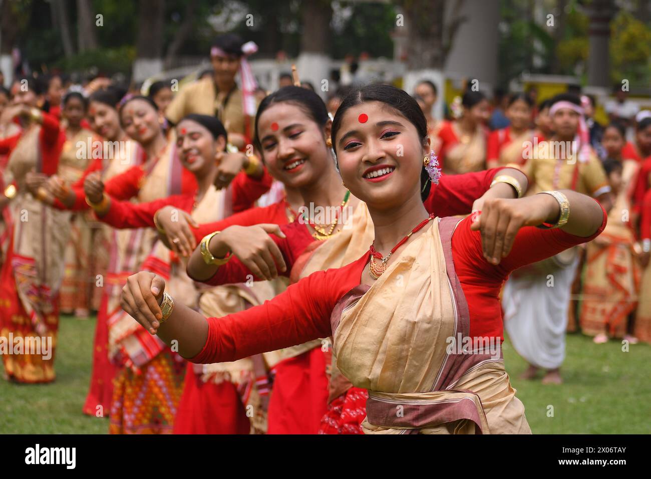 Assam. 10th Apr, 2024. People perform folk dance during the celebration ...
