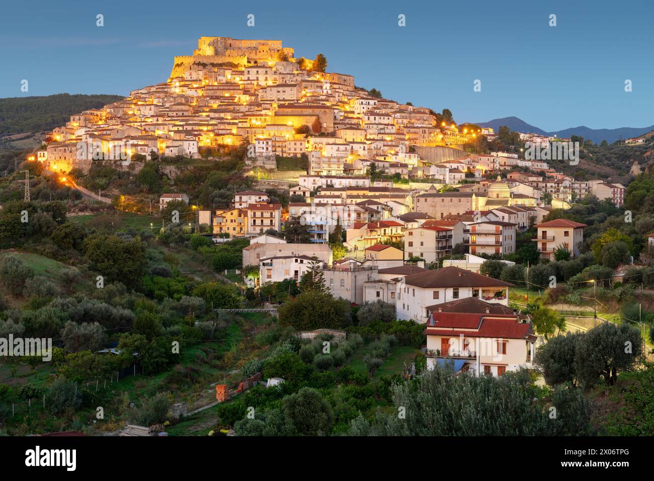 Rocca Imperiale, Italy hilltop town at night in the Calabria Region ...