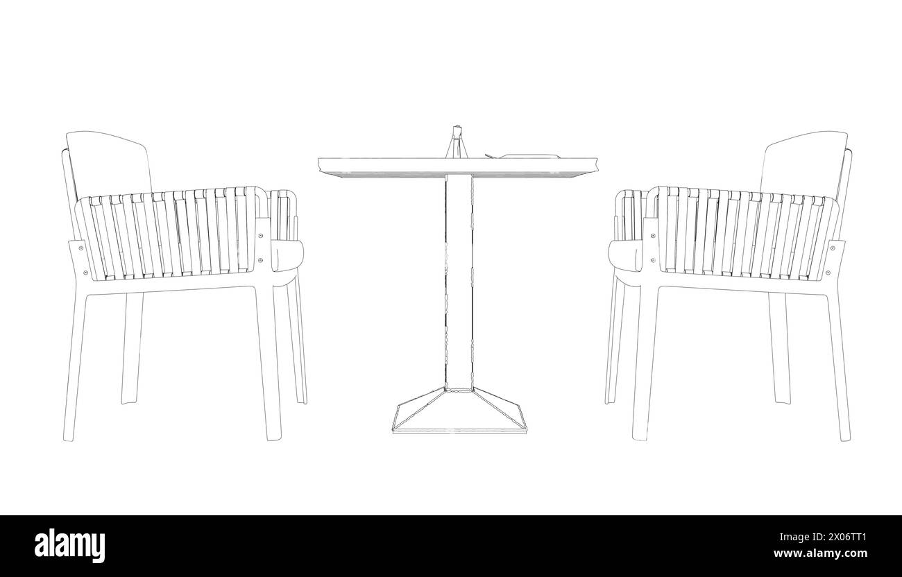 Outline of two chairs and a table with forks, knives and napkins. Side ...