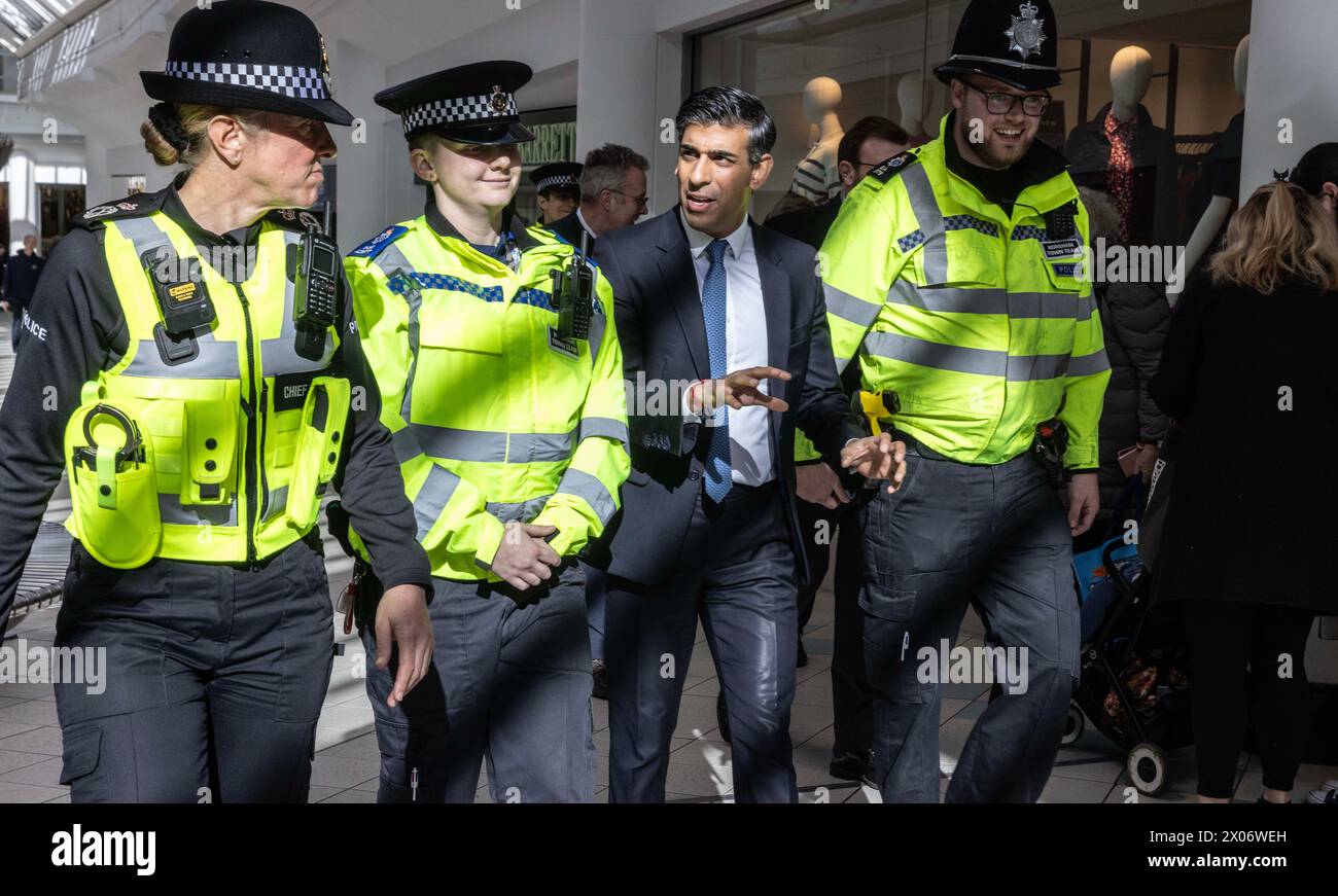 Prime Minister Rishi Sunak walks through Swan Walk shopping centre in ...