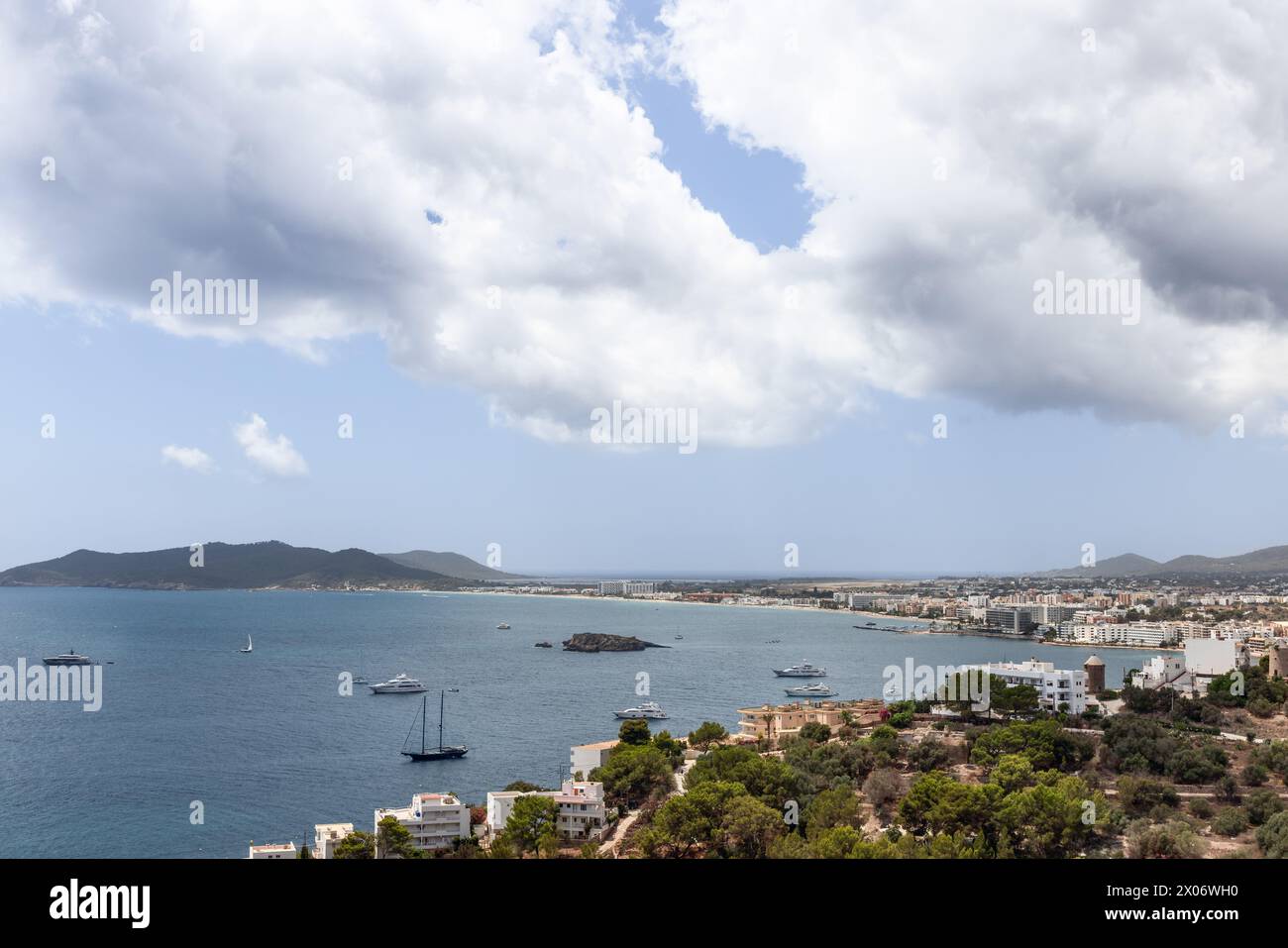 Panoramic view of Ibiza coastline showcases urban development along the ...