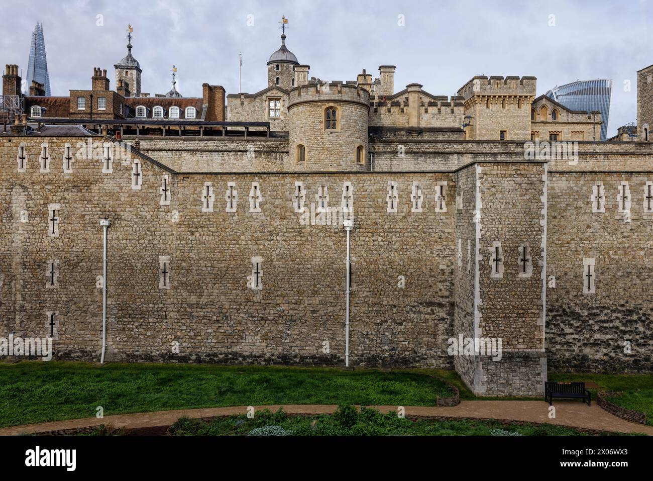Eastern outer curtain walls of 11th century Tower of London Castle on ...