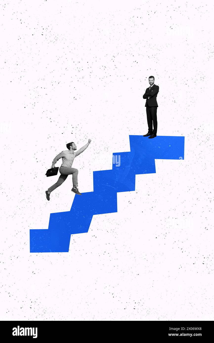 Vertical creative photo collage young businessman stand on top of ...