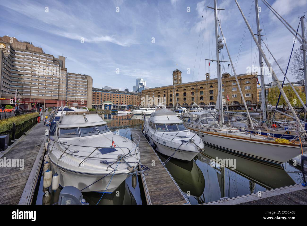 Boats in St Kathrine's Dock marina. Back: Ivory House and hotels, shops ...