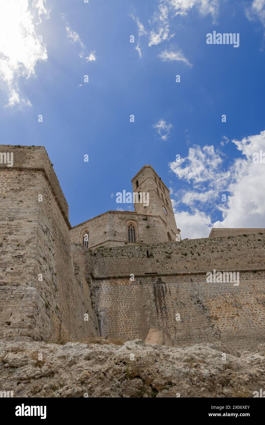 An upward perspective captures the imposing architecture of Eivissa ...