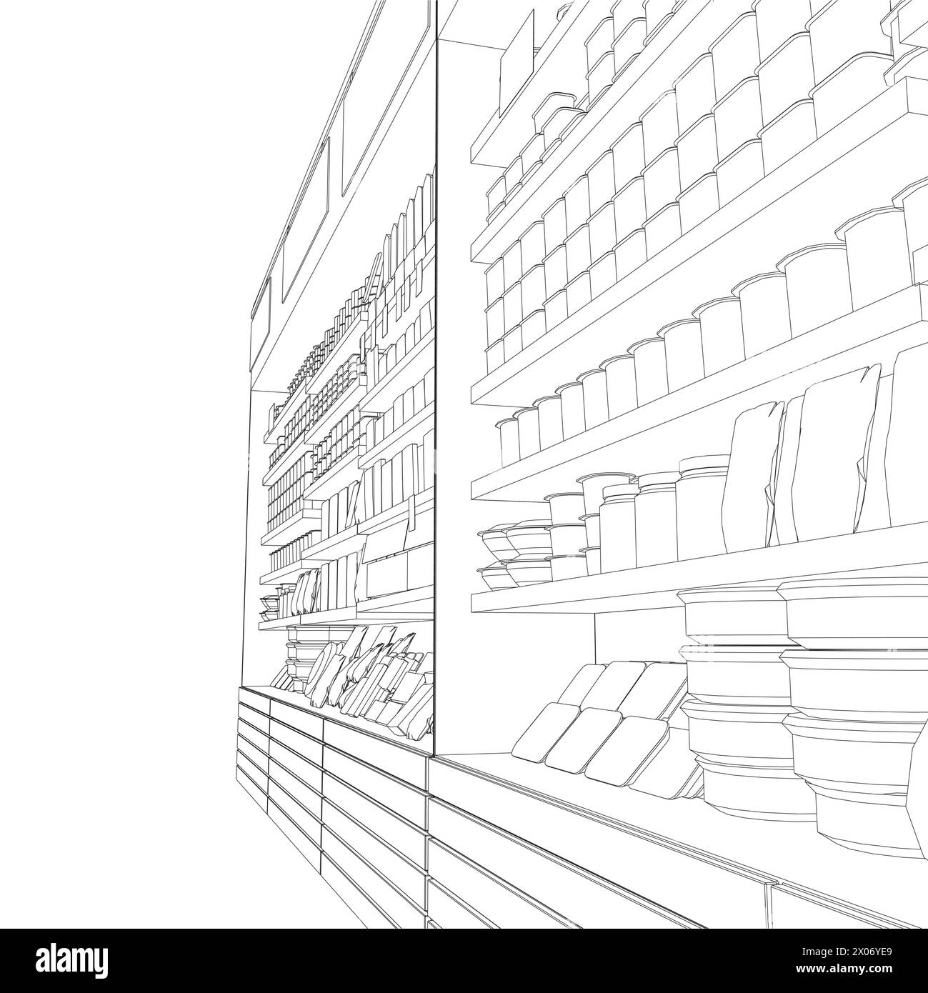 Outline Supermarket store interior with goods. Contour Grocery ...