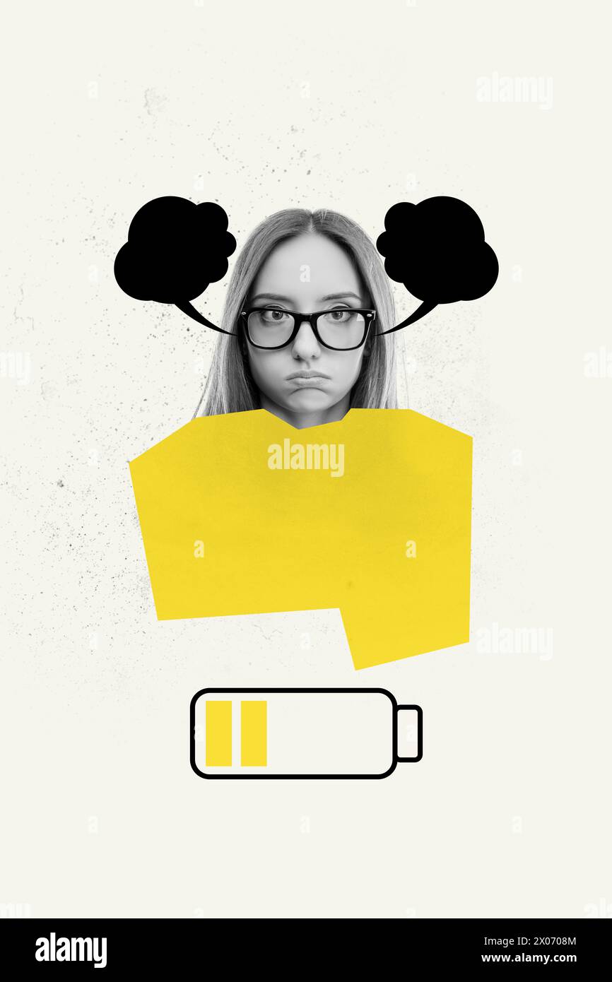 Creative trend collage of unhappy female low battery tired exhaustion ...