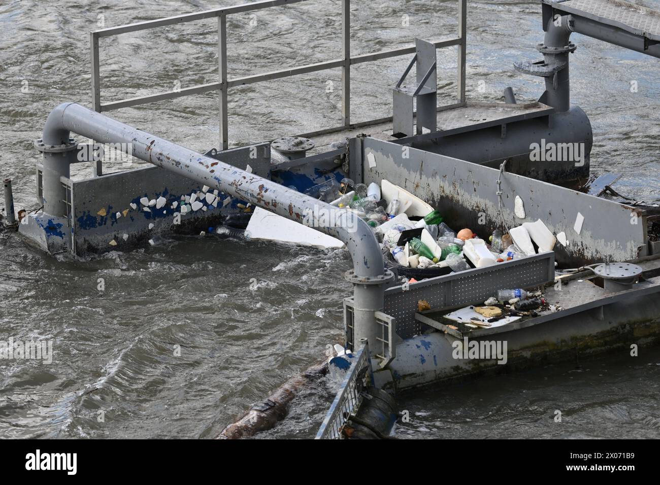 Paris, France, April 10, 2024. A view of garbage in the Seine River as ...