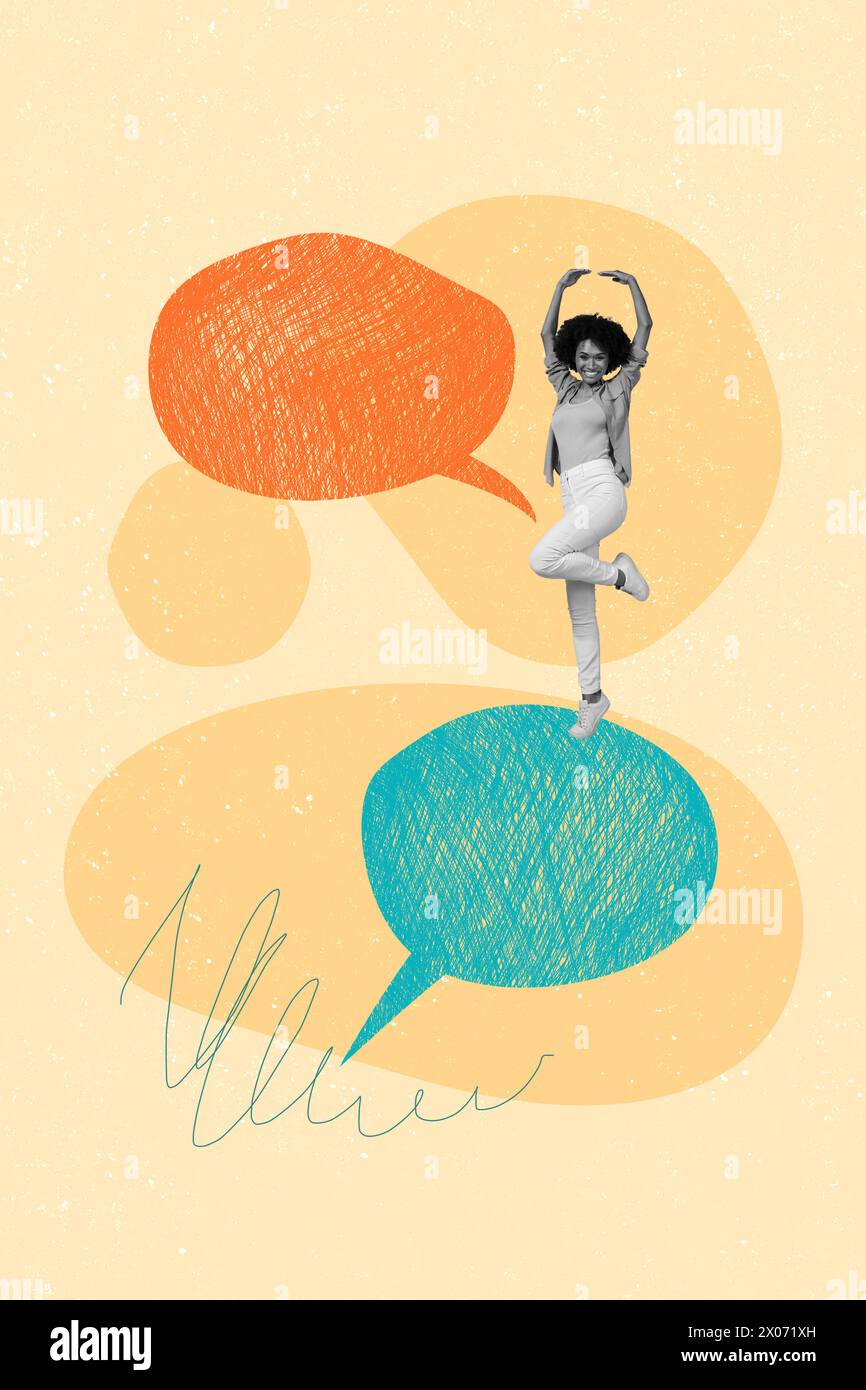 Vertical photo collage of happy american girl dance cloud communication ...