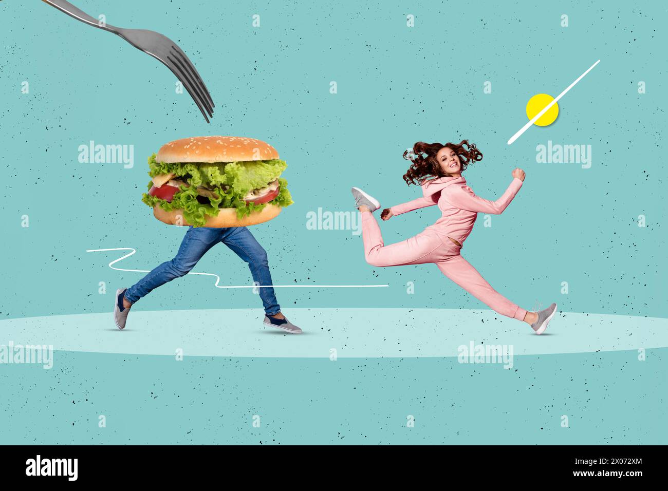 Photo collage picture young running girl escape burger man legs body ...