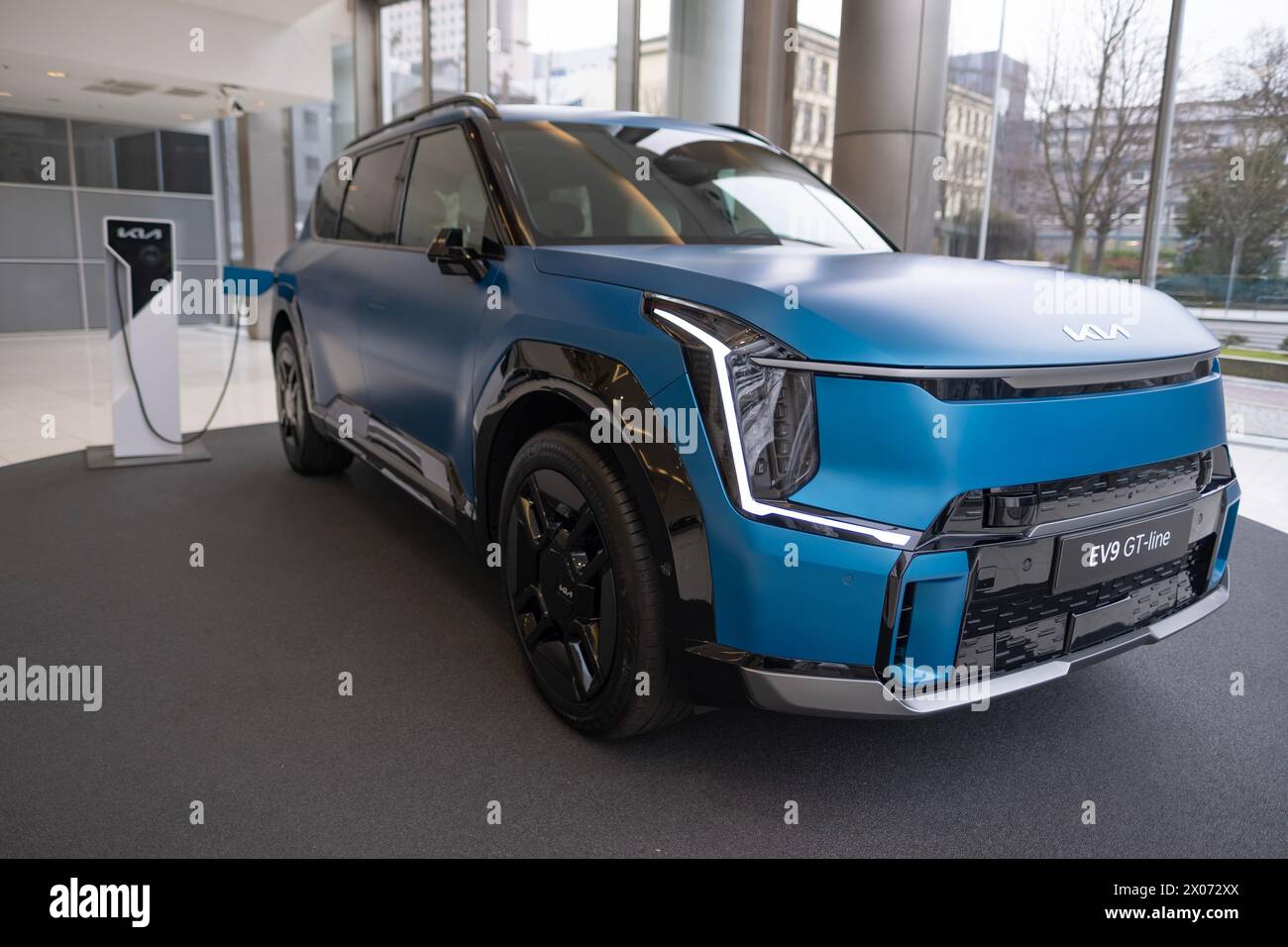 new blue electric Kia EV9 GT-Line AWD, South Korean ev 2024 in showroom ...