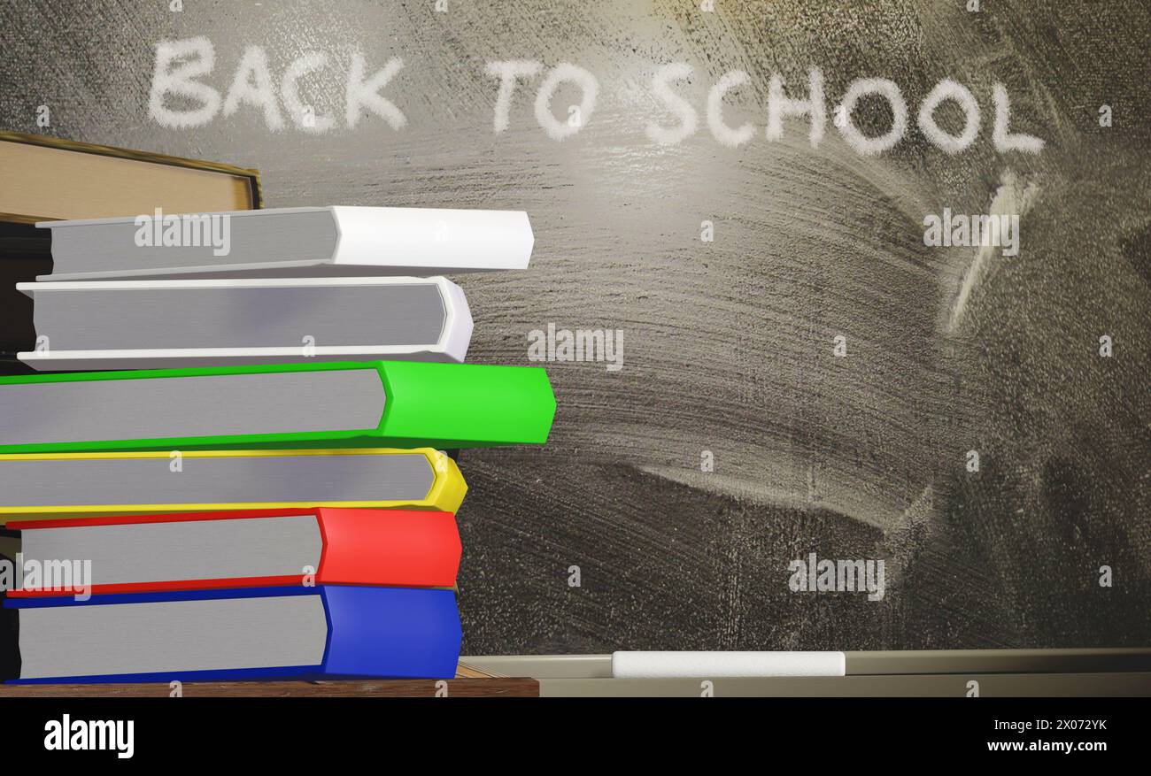 Back to school concept with text on blackboard, chalk and stack of ...