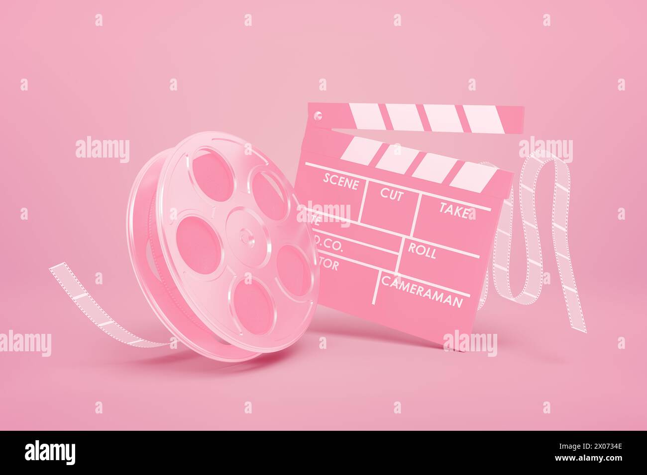 3d rendering of pink movie clapper and film reel on pink background ...