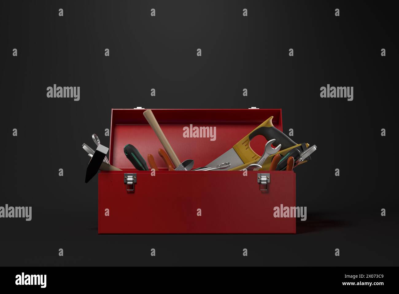 Red toolbox with tools on dark background Stock Photo - Alamy